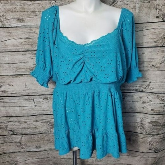 torrid | Tops | Torrid Milkmaid Teal Turquoise Peasant Eyelet Rouched ...
